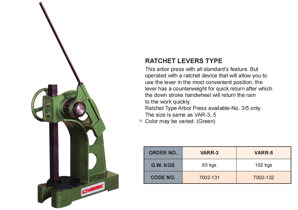 VARR-3 Arbor Press RATCHET LEVERS TYPE Vertex Machine Tools - Vertex ...